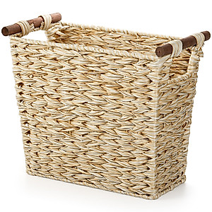 Pumtus Woven Waste Basket, Plastic Wicker Trash Can with Wooden Handles, Rectangular Storage Basket Garbage Container Bin for Bathroom, Office, Kitchen, Home, Laundry, Utility Room, Garage