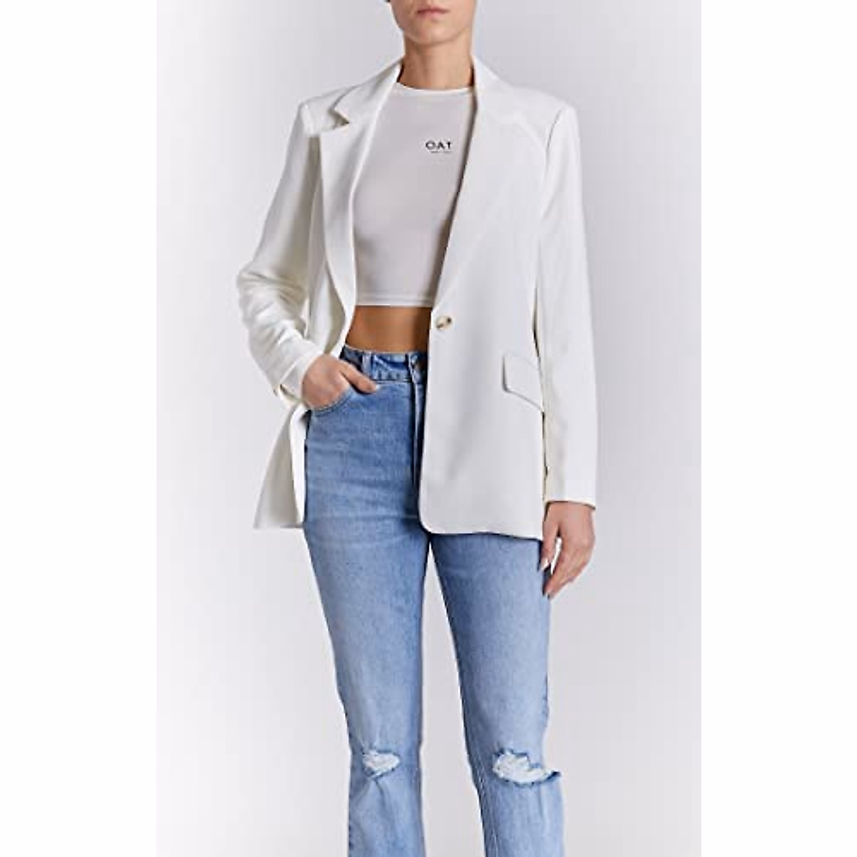 O A T NEW YORK Women's Plus Size Luxury Clothing Boyfriend Blazer with Front Button Closure, Versatile for Office Or Everday Wear, Off White, Large