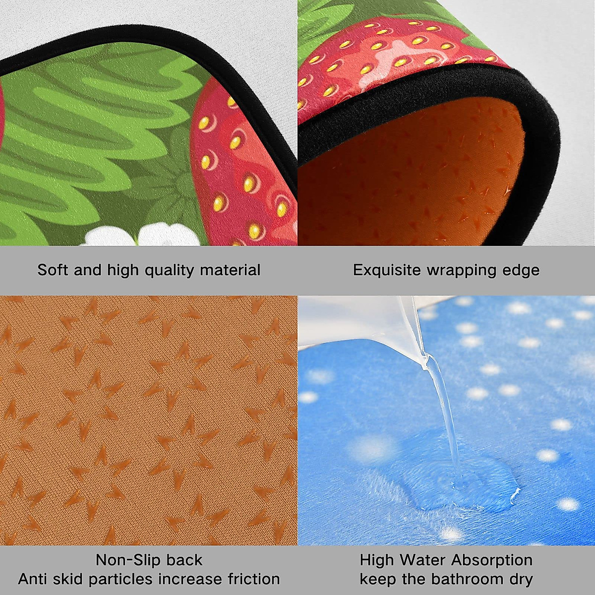 BOENLE Kitchen Rugs and Mats Non Skid Washable Kitchen Rug Set 2 Piece Strawberry and Leaves on Green Background Carpet Ergonomic Comfort Standing Mat for Kitchen,Bathroom, Laundry