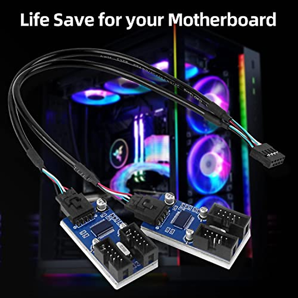 9Pin USB Header Splitter Male 1 to 4 Female Extension Cable Card for Motherboard, USB 2.0 Splitter Cable Connector with 3M Adhesive, Adapter Port Multiplier for CPU Fans, RGB Lights, WiFi Receiver