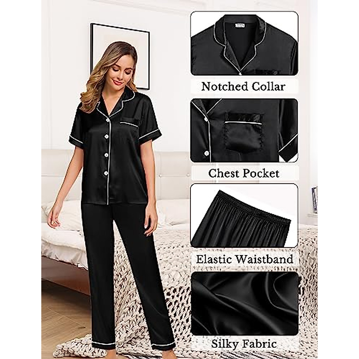 SWOMOG 4 Pcs Silk Pajamas for Women Shorts Set Satin Sleepwear Sexy Cami Pants Button-down Shorts Shirt Pjs Set Lounge Wear Black