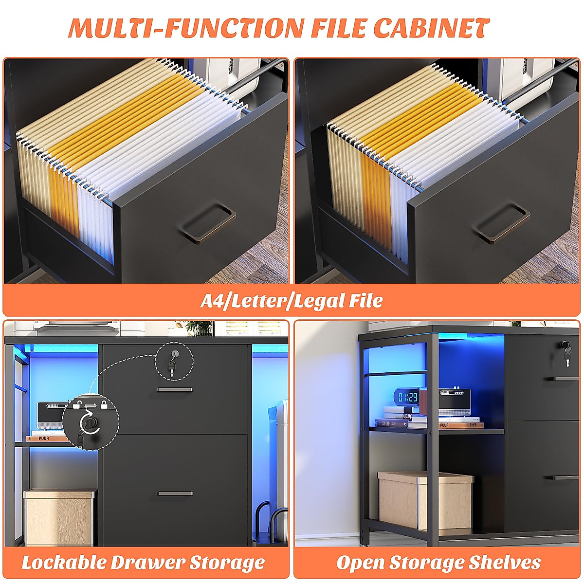 Hyomdeck 47" Lateral File Cabinet with Power Outlet and LED Light, Filing Cabinet with Printer Stand fits Legal/Letter Size, 2 Drawer File Cabinets for Home Office with Lock,Black