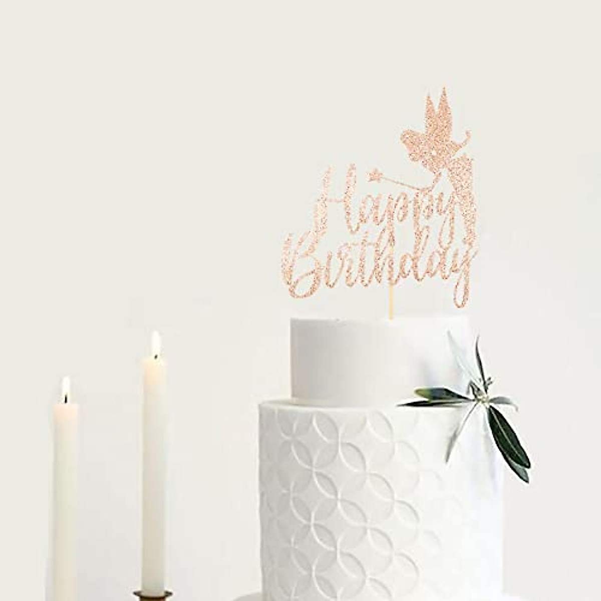 Tinker Bell Happy Birthday Cake Topper, Fairy Tinkerbell Disney Princess Girls Birthday Party Cake Decorations, Rose Gold Glitter