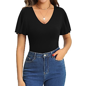 MANGOPOP Womens Deep V Neck Ruffle Short Sleeve Tops Sexy Bodysuit for Women Clothing