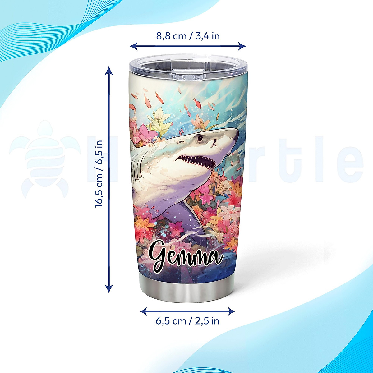 Hyturtle Personalized Gifts Shark Lover - I Just Freaking Love Sharks Customized Name Stainless Steel Tumbler 20 oz With Lid - Idea Cute Sea Animal Lover Gifts For Women, Girl On Birthday, Christmas