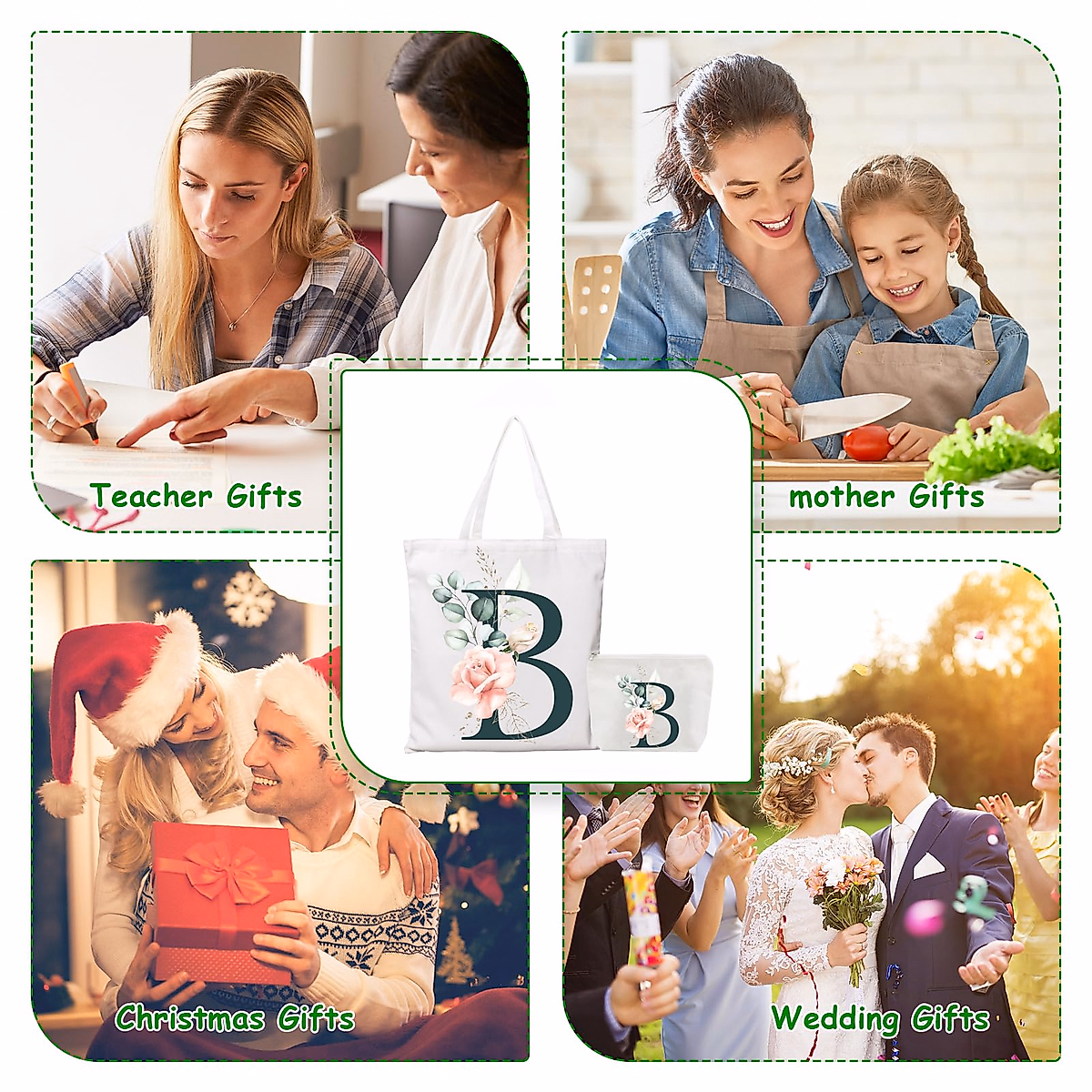 meetyours Initial Tote Bag and Letter Cosmetic Bag Canvas Beach Bag Bridesmaid Birthday Wedding Bachelorette Party Gift (a)