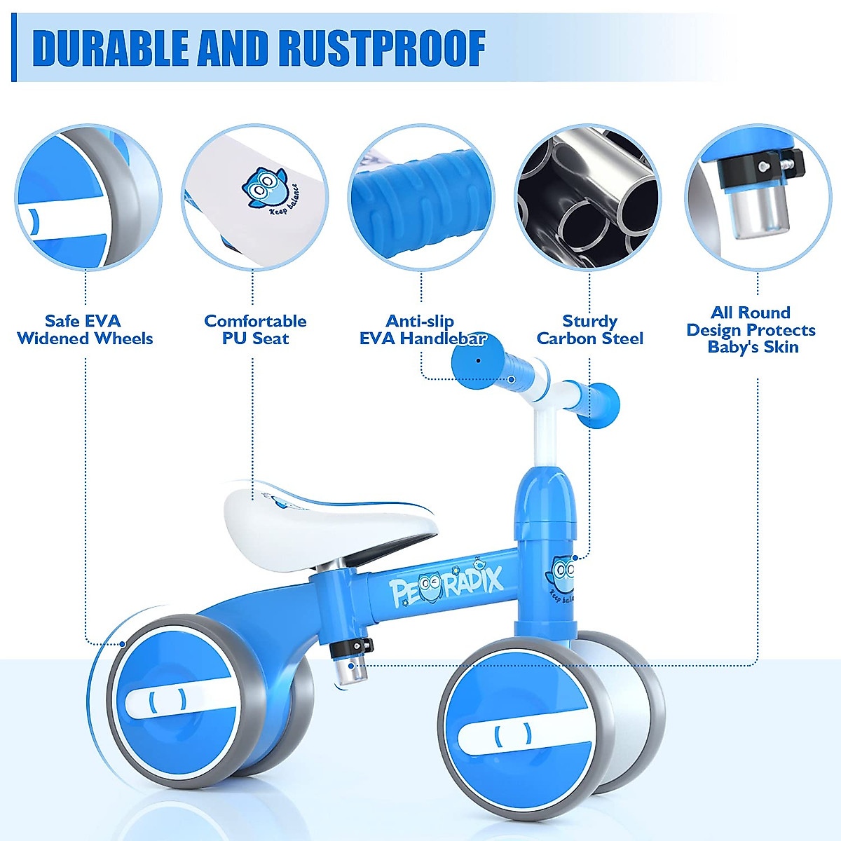 Peradix Baby Balance Bikes Adjustable Bicycle | Riding Toys for 10 Months Old Toddlers Children Boys Girls | No Pedal Silent Wheels Bicycle | Best First Birthday Gift