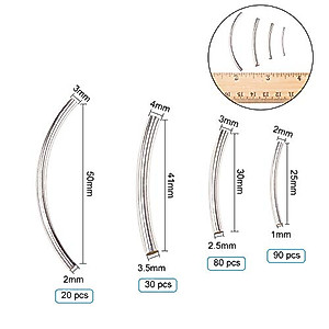 PH PandaHall 220pcs Noodle Tube Beads 4 Sizes Silver Long Curved Tube Noodles Beads Brass Tube Spacer Beads for DIY Wrist Bracelet Anklet Necklace Earring Jewelry Making(50mm, 40mm, 30mm, 25mm)