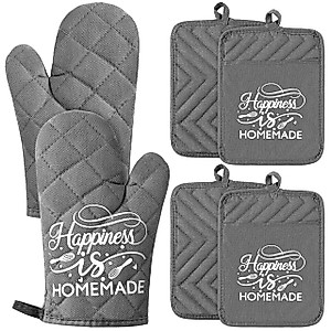 GROBRO7 6Pcs Cotton Oven Mitts and Pot Holders Set Happiness is Homemade Heat Resistant Hot Pad Machine Washable Microwave Gloves with Hanging Loop Pocket Potholder for Kitchen Baking Cooking Grilling