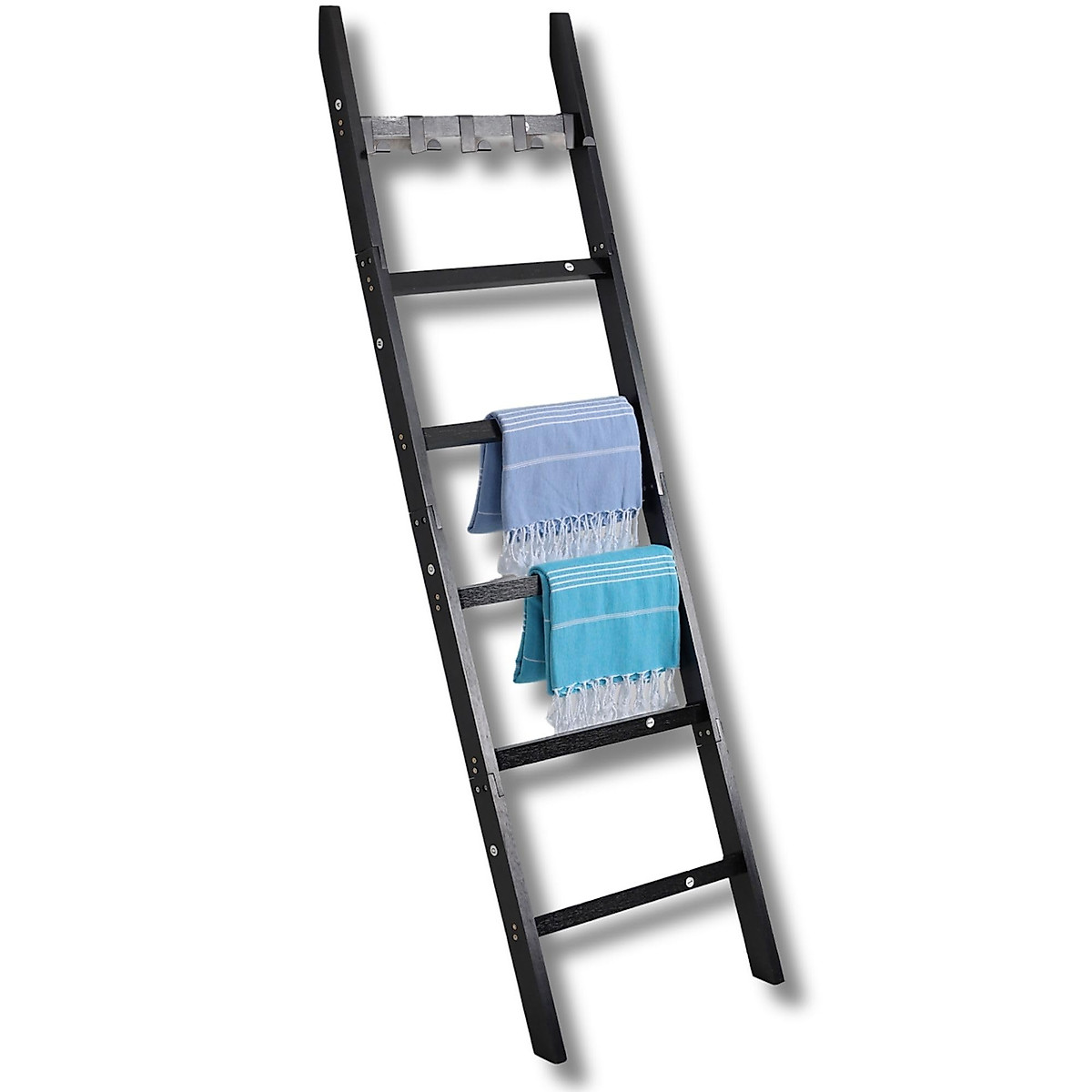 Blanket Ladders for The Living Room - 62 Inches - Decorative Ladder for Blankets, Throws, Quilts - 6 Tiers Ladder Blanket Holder with Hooks, Non-Slip Pads - Black, Grey, White, Brown (Black)