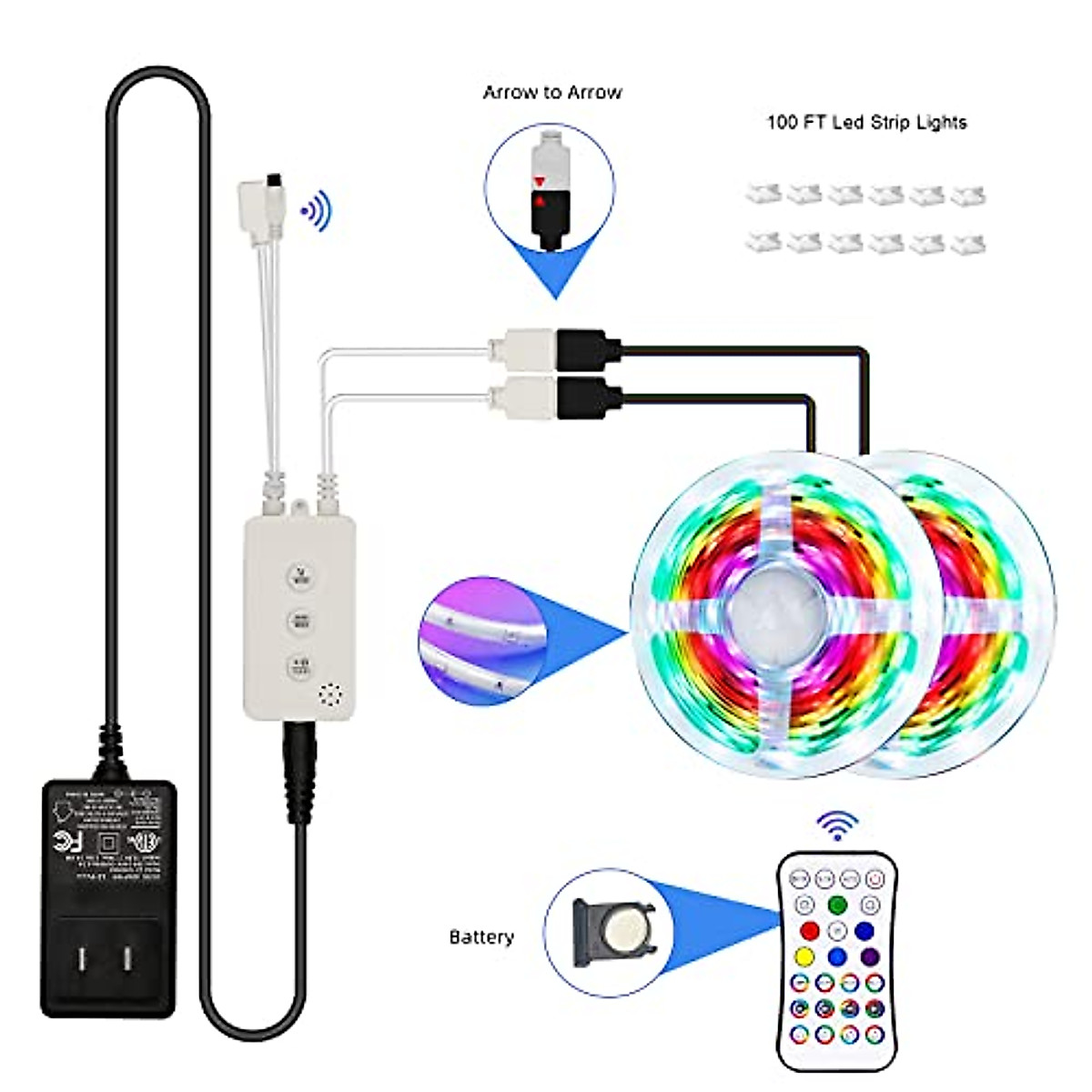 UNICROWN 100ft Waterproof Led Strip Lights - 5050 RGB Led Lights Strips and 16 Million Color Changing with Bluetooth Music Sync App Remote Controller for Home Bedroom Party (12v, 6 Rolls of 16.4ft)