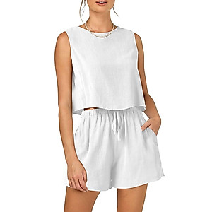 PRETTYGARDEN Women's 2024 Summer 2 Piece Outfits Casual Button Back Crop Tank Tops and High Waist Shorts Set (White,Medium)