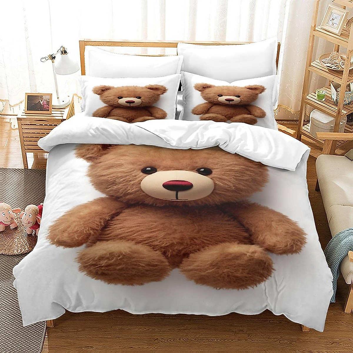 Teddy Bear Toy 3pcs 3D Bedding Set Furry Doll Duvet Cover Set Bed Printed Quilt Cover Bed Linens with 2 Pillowcases with Zipper All Season Queen（228x228cm）