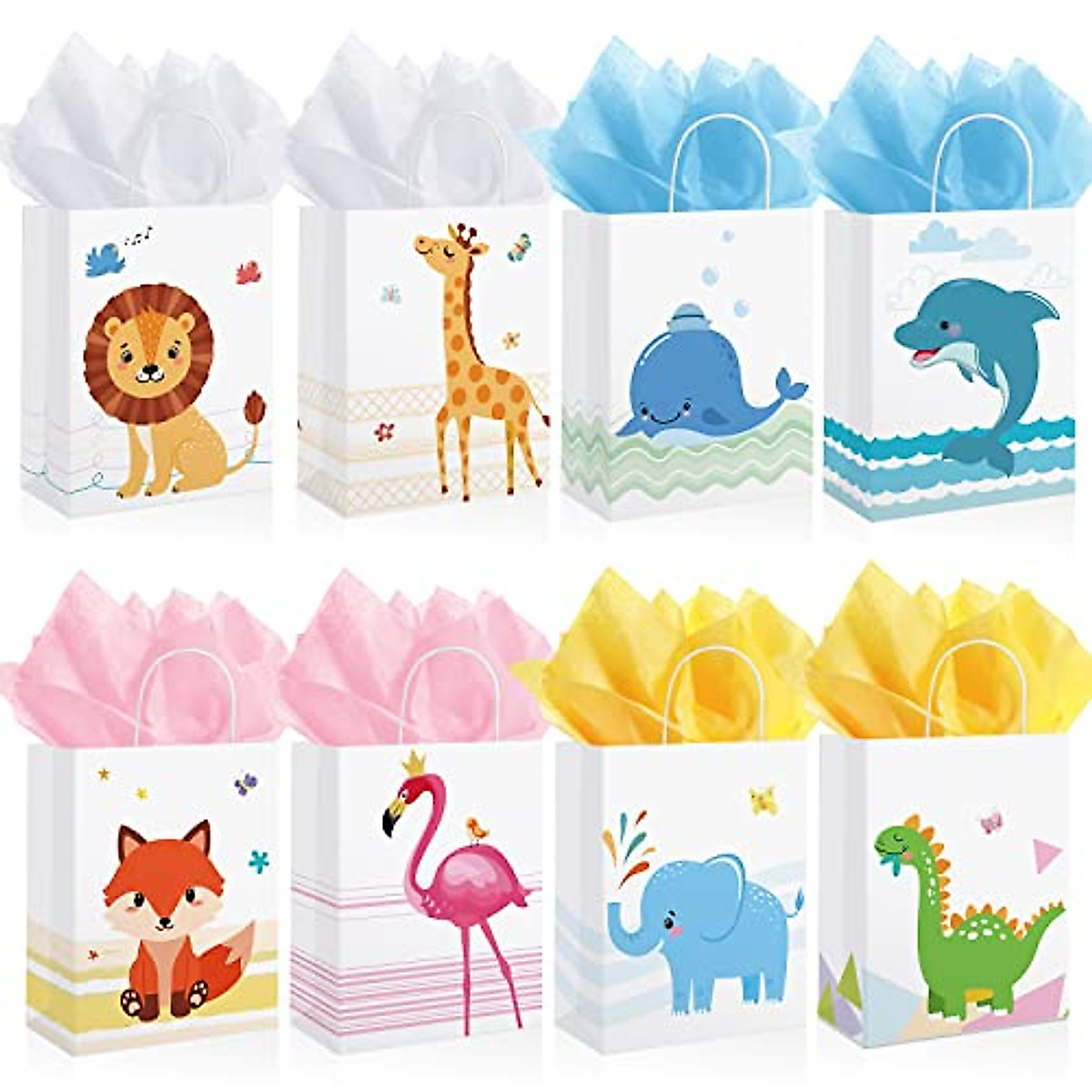 8 Pcs 11 Inch Paper Gift Bags Baby Gift Wrapping Animals Paper Bag with Tissue Papers, Flamingos, Whales, Giraffes, Elephant, Dinosaur, Dolphin, Lion for Kids Birthdays or Baby Showers