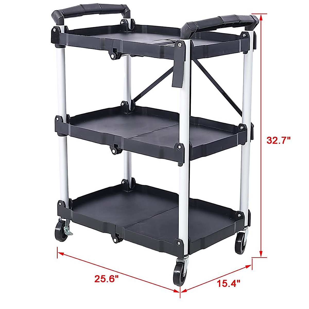 Yone jx je 3 Layers Folding Collapsible Service Cart Pack, Folding Collapsible Service Cart, 50 Lb, Load Capacity Per Shelf, Black