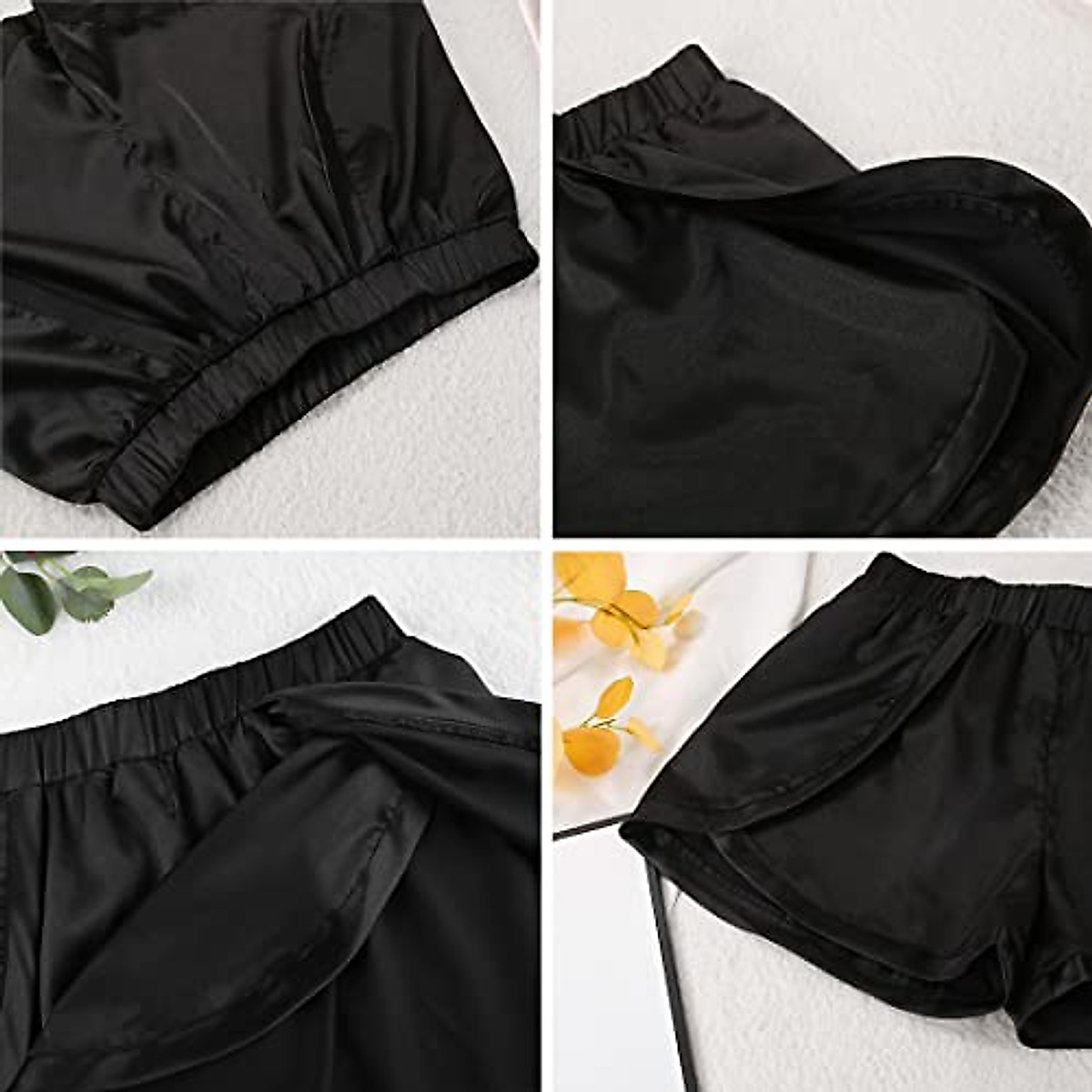 Womens Pajama Sets Silk Satin 3 Piece Sleepwear Cami Shorts and Long Sleeve Top Set Soft Comfy Loungewear, 3-black-imitation Silk-3pcs