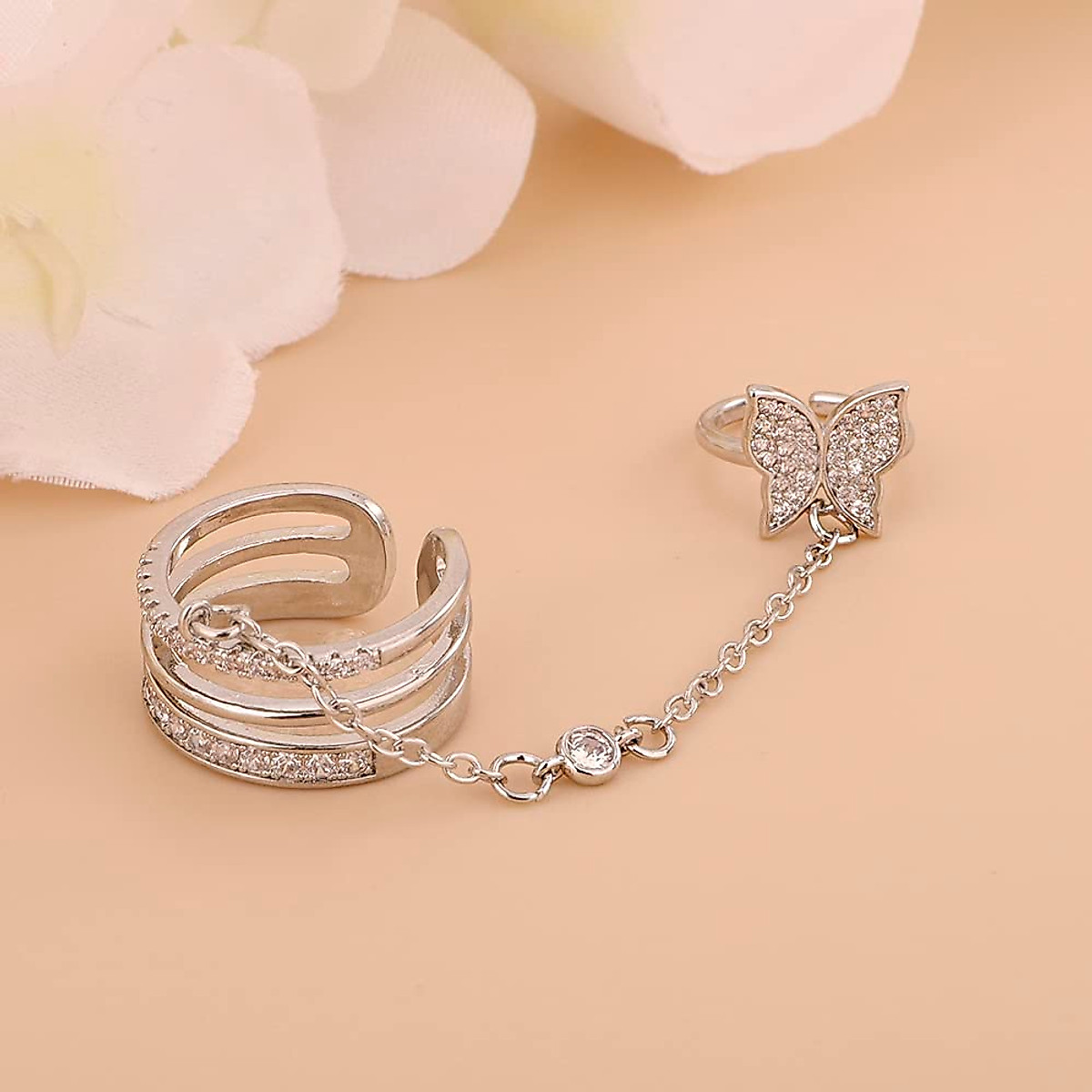 Xerling Delicate Butterfly Statement Rings for Women Bling Crystal Rhinestones Finger Ring for Teen Girls with Chain Tassel Finger Tip Rings Aesthetic Nail Rings (Type B)