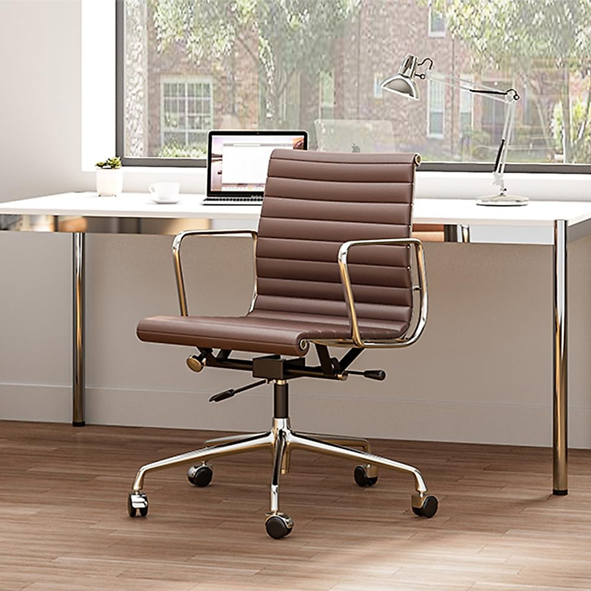 Ribbed Office Chair, Mid Back Top Black Grain Leather Desk Chair, Swivel Chair Adjustable Ergonomic Computer Desk Chair with Aluminium Alloy Frame and Silent Nylon Wheels