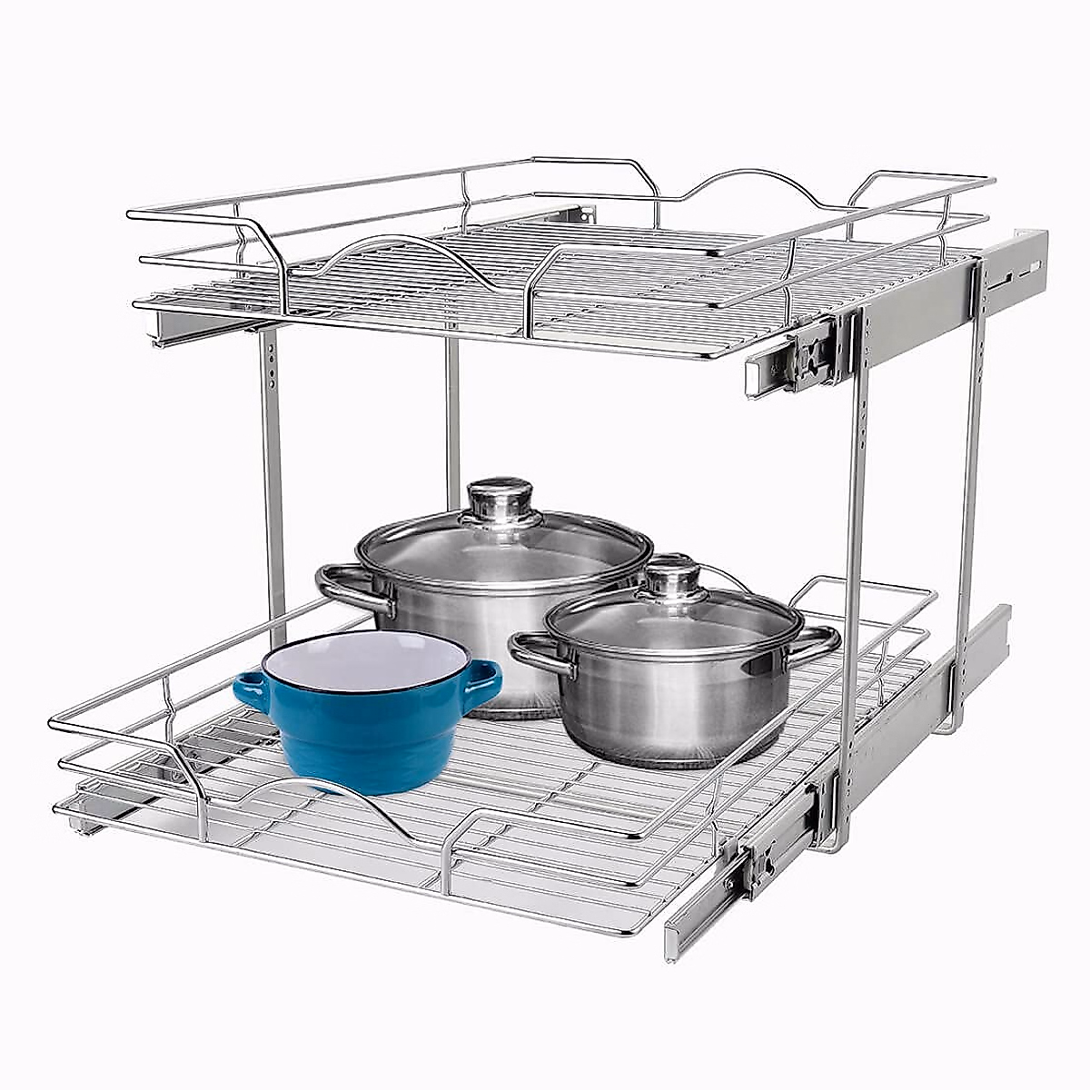 OCG 2 Tier Pull Out Cabinet Organizer (14" W x 18" D), Pull Out Shelves for Kitchen Cabinets, Pull Out Drawers for Base Cabinet Organization in Kitchen Bathroom Pantry, Chrome Finish