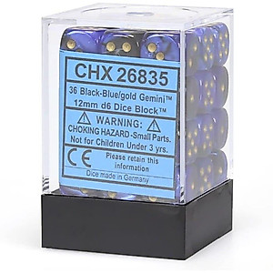 Chessex DND Dice Set-Chessex D&D Dice-12mm Gemini Black, Blue, and Gold Plastic Polyhedral Dice Set-Dungeons and Dragons Dice ludes 36 Dice – D6, Various (CHX26835)