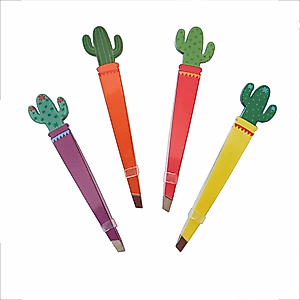 Cute Cactus Tweezer Set (Pack of 4) Slant Tweezers Assorted Set Southwestern Souvenir Gift Tweezer Bundle (Purple, Orange, Pink, Yellow)