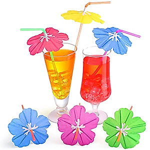 100 Pieces Umbrella Straws Drinks Cocktail Umbrella Straws Summer for Hawaiian Beach Party Luau Tropical Straws Drinks Decorations Handmade Umbrella Party Supplies, Colorful (Hibiscus)
