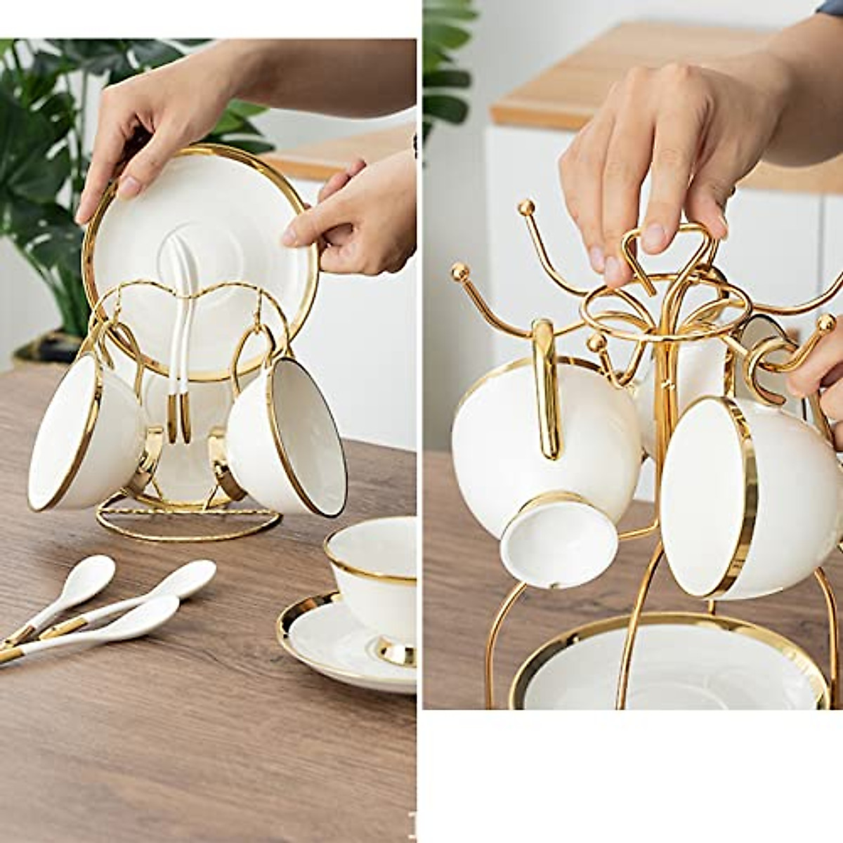 oAutoSjy Iron Coffee Cup Holder Gold Mug Holder with Hook & Handle Coffee Mug Rack Dishes Organizer Mug and Saucer Display Rack Wrought Iron Mug Drainer Storage Drying Rack for Counter Kitchen Office