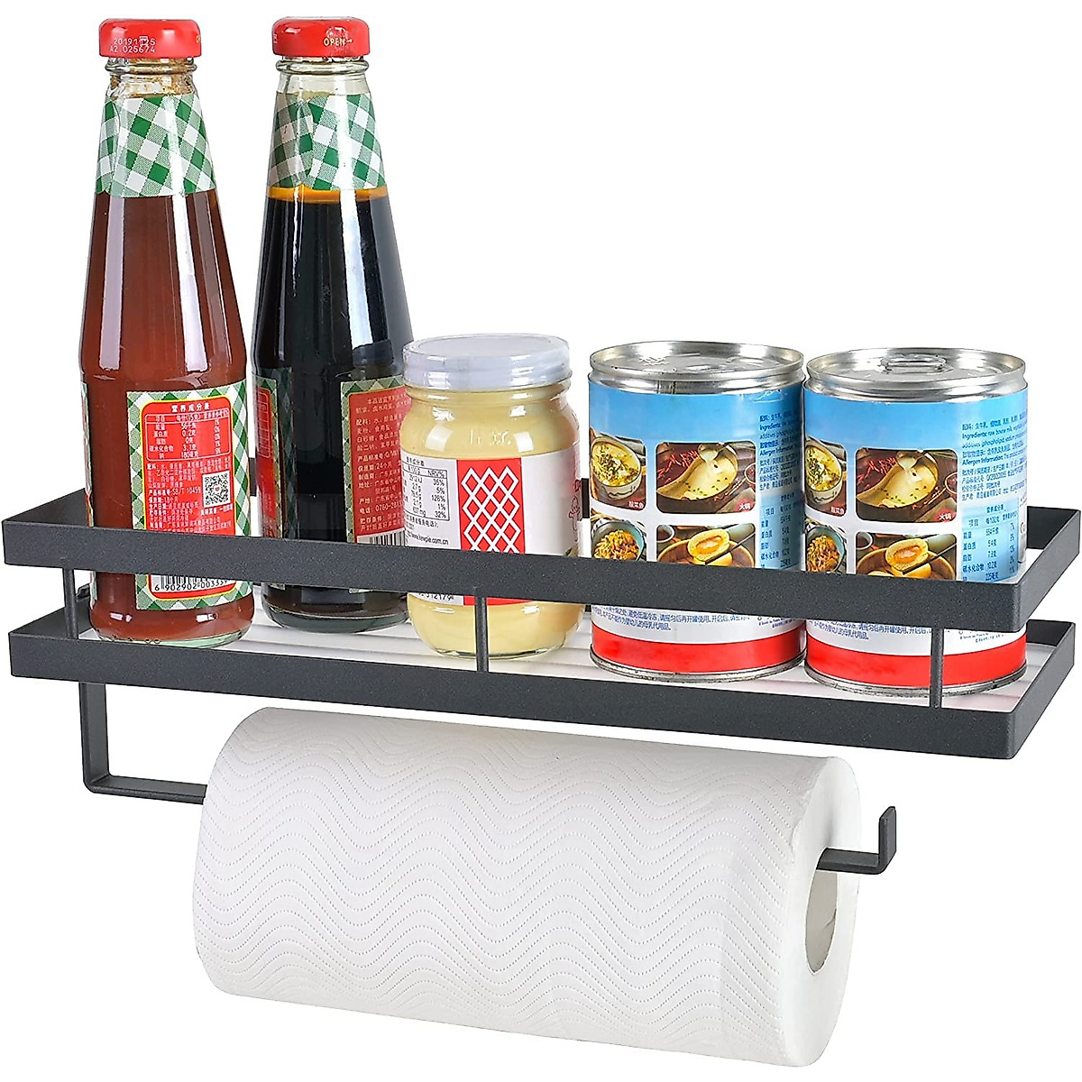 PINNIYOU Paper Towel Holder with Spice Rack and Multi-Purpose Shelf Wall Mount Storage Organizer for Kitchen, Pantry, Laundry, Bathroom, Toilet Garage - Durable Metal Wire Design - Black