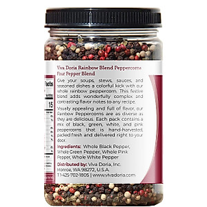 Viva Doria Rainbow Blend Peppercorn, Steam Sterilized Whole Black/Green Pepper, Whole Pink/White Pepper, 16 Oz, For Grinder Refills