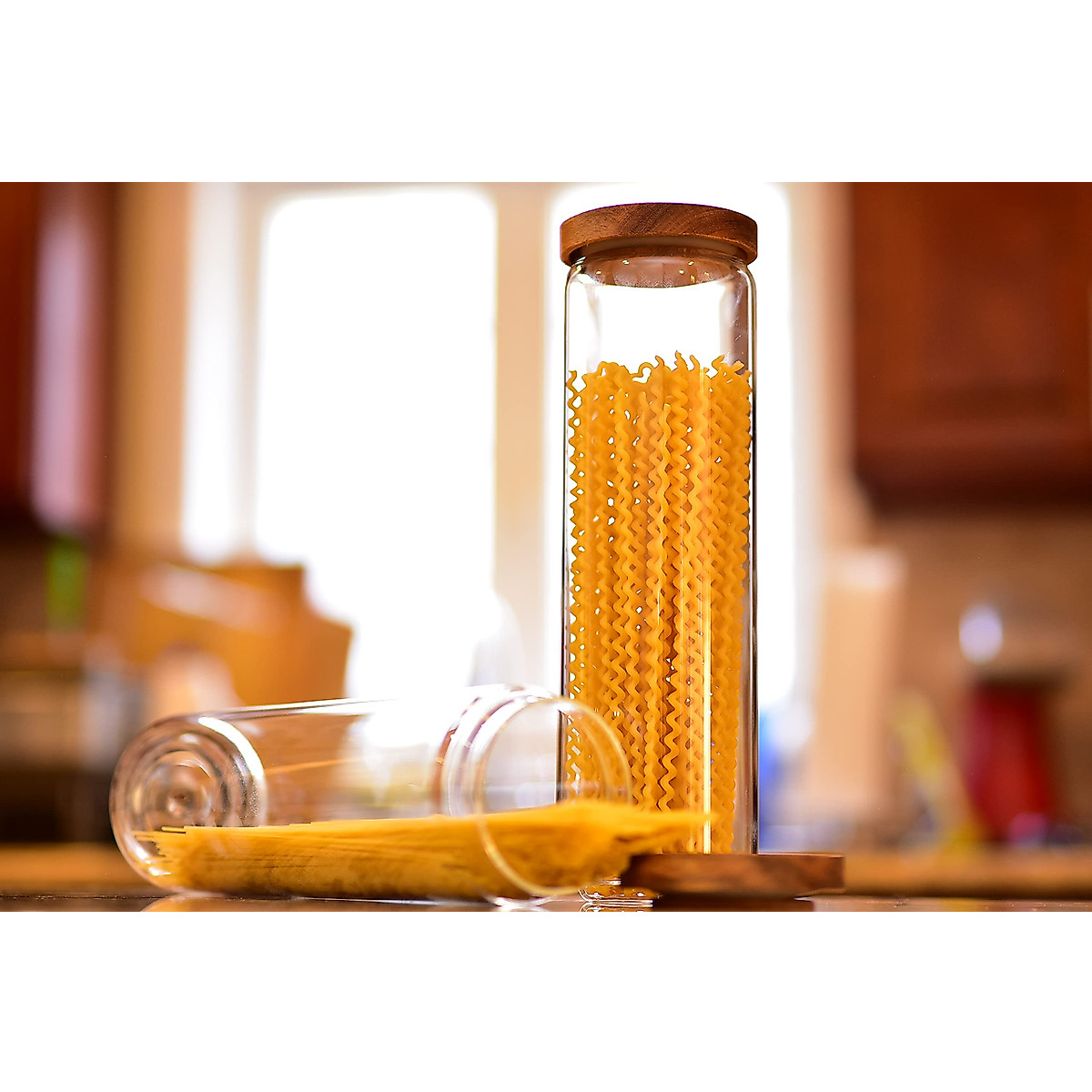 Glass Jars with Acacia Lids – Set of 2 High Borosilicate Glass Containers with Wooden Lids 54oz. Airtight Glass Containers for noodles Cereal Rice Sugar Tea Coffee Beans Stackable Storage Containers