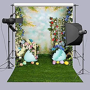 5x7ft Spring Easter Backdrops for Photography Rabbit Colorful Eggs Flower Wooden Wall Grass Backdrop Baby Shower Photo Background Kids Newborn Birthday Party Banner Decorations Studio Booth Props