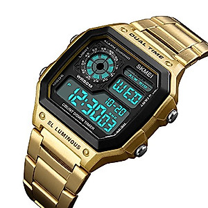 PASOY Men's Digital Multi-Function Watches Dual Time Alarm Stopwatch Countdown Backlight Waterproof Watch (Gold)