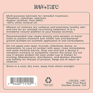 Raw Plus Rare Vegan Food Grade Mineral Oil, Safe for Wood Cutting Board, Butcher Block, Bamboo Cutting Board, and Knife Blade Oil, Cast Iron Tools Conditioner 32 oz