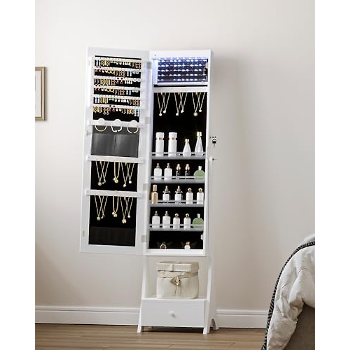 Hzuaneri 8 LEDs Jewelry Cabinet, 42.5" Tall Frameless Mirror Jewelry Armoire, Freestanding Makeup Jewelry Storage with 1 Drawer, 5 Shelves, Jewelry Organizer, White and Black JC14803B