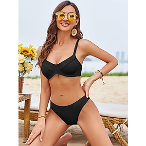 ZAFUL Underwire High Leg Ribbed Bikini Swimsuit Two Pieces Set Black