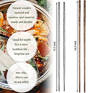 4 Pairs Long Cooking Chopsticks 15.3 Inch Extra Long Stainless Steel Chopsticks with Non Slip Threaded and 16.5 Inch Wooden Noodles Kitchen Cooking Frying Chopsticks (Silver, Wood Color)