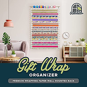 RELODECOR Gift Wrapping Paper Storage Organizer - 22 Rolls - Ribbons, Cellophane, Vinyl Rolls, Paper and Other Arts and Crafts Items Hanging Rack Dispenser, Easy Wall Mount Wrapper Storage