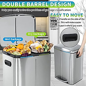 Bigacc Metal Dual Step Trash Can 10 Gallon/40L Stainless-Steel Garbage Can with Soft-Close Lid Anti-Fingerprint Mute Designed Trash Bin Trash Can for Kitchen,Bathroom,Restroom Office, Silver