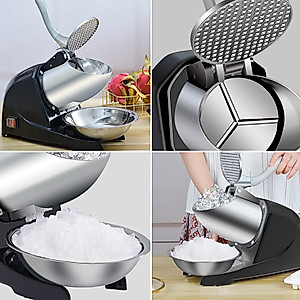 Three Blades Snow Cone Maker Ice Shaver 380W 220lbs/hr Prevent Splash Electric Stainless Steel Shaved Ice Machine Home and Commercial Ice Crushers (Black)