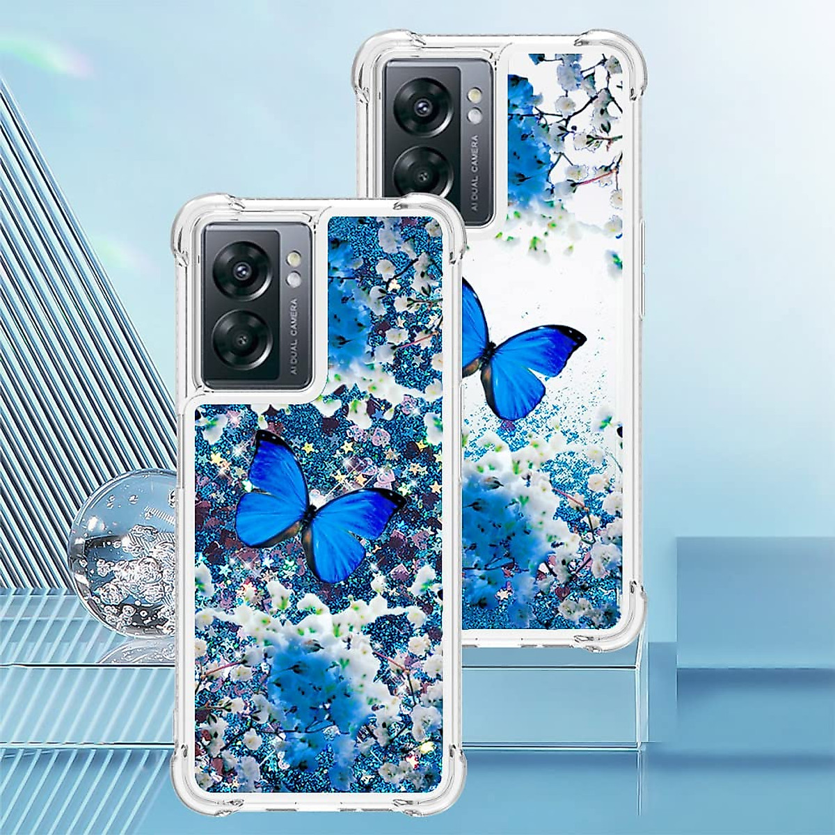 CAIYUNL Oneplus Nord N300 5G Case, Glitter Bling Floating Liquid Women Girls Phone Cover with Tempered Glass Screen Protector-Blue Butterfly