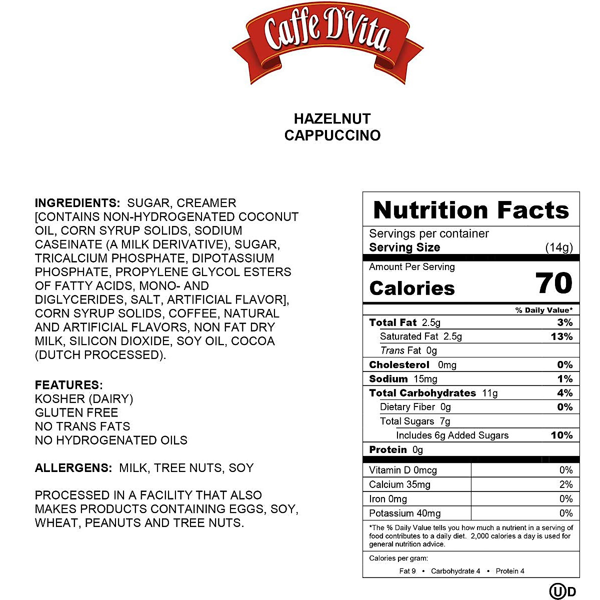 Caffe D'Vita Cappuccino Assortment (White Chocolate, English Toffee, Hazelnut, Mocha, French Vanilla, Caramel) - Instant Cappuccino Mix, Gluten Free - 0.5 oz each, 18 Packets, 6 of Each Flavor