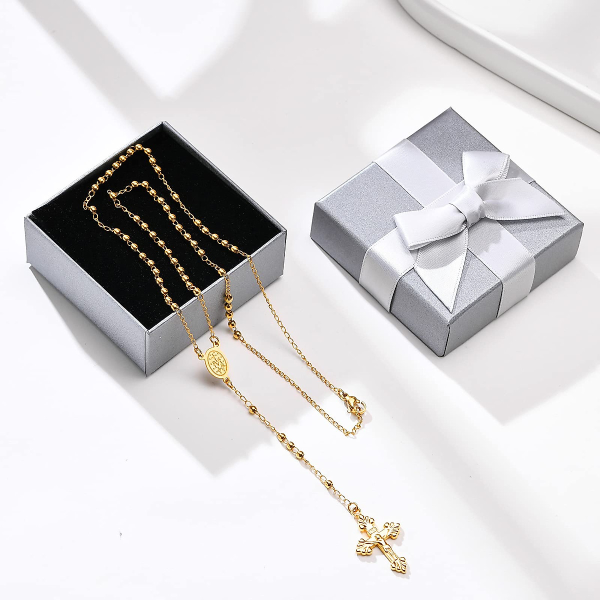 Juvux Cross Necklace Rosary Beads Catholic, Christian Gifts Cross Necklace with Gift Box, Rosary Necklace, Y Necklace Chain for Women Men -20 Inch (Gold)
