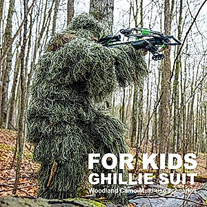 ANZOME 5in1 Kids Ghillie Suit, 3D Kid Camo Hunting Clothes Youth Gilly Suits with Carry Bag+Hood+Gillie Sniper Suit for Shooting Game, Halloween Costume Outfit for 4.5-5ft