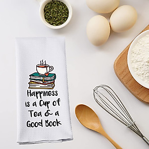 PWHAOO Book Lover Tea Towel Happiness is a Cup of Tea & A Good Book Kitchen Towel Tea Lover Gift (Tea & a Good Book T)
