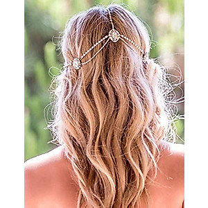 Missgrace Women Dainty Bohemian Rhinestones Gold Silver Head Chain Hair Accessories for Bridal and Girls (Gold)