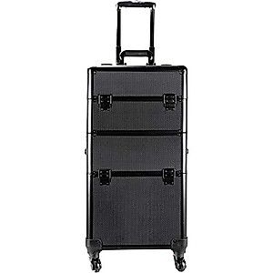 Ver Beauty 3-in-1 Professional 4 Removable Wheels Rolling Aluminum Art Craft Supplies Makeup Tattoo Artist Tool Case Organizer Easy-Slide Extendable Trays with Dividers Mirror, Black Dot