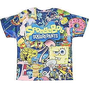 Mens Spongebob Squarepants Classic Shirt - Spongebob, Patrick & Krusty Krab Sublimated Allover T-Shirt (White, Medium)