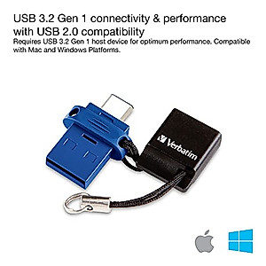 Verbatim Store 'n' Go USB Flash Drive 3.0, Dual USB, USB C and USB A, 16GB, Blue