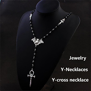Ankh Cross Bat Necklace Religious Grunge Gothic Vampire Black Long Rosary Beaded Ancient Egyptian Necklace for Women