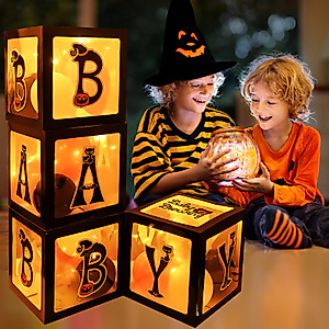Baby First Halloween Decorations Balloons Boxes 4 Pcs Baby Letter Blocks Transparent Box with 4 LED Light Strings - Halloween Baby Shower Party Supplies Decoration - A Baby is Brewing Party Supplies